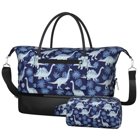 Dinosaur and Leaf Navy Blue Pattern 2 Piece Travel Bag Set, Overnight ...