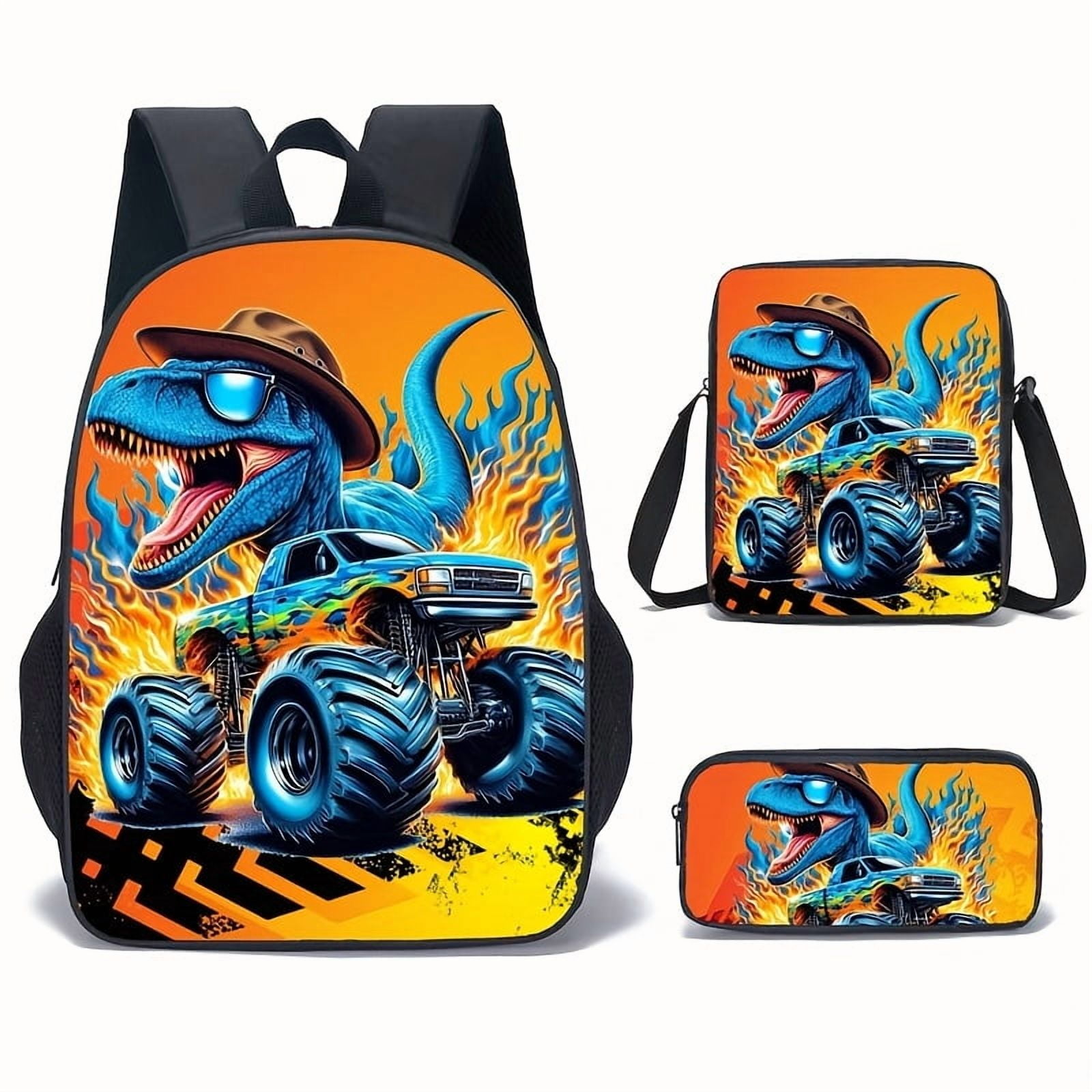 Dinosaur & Monster Truck Backpack Set Large Capacity, Zippered Double ...