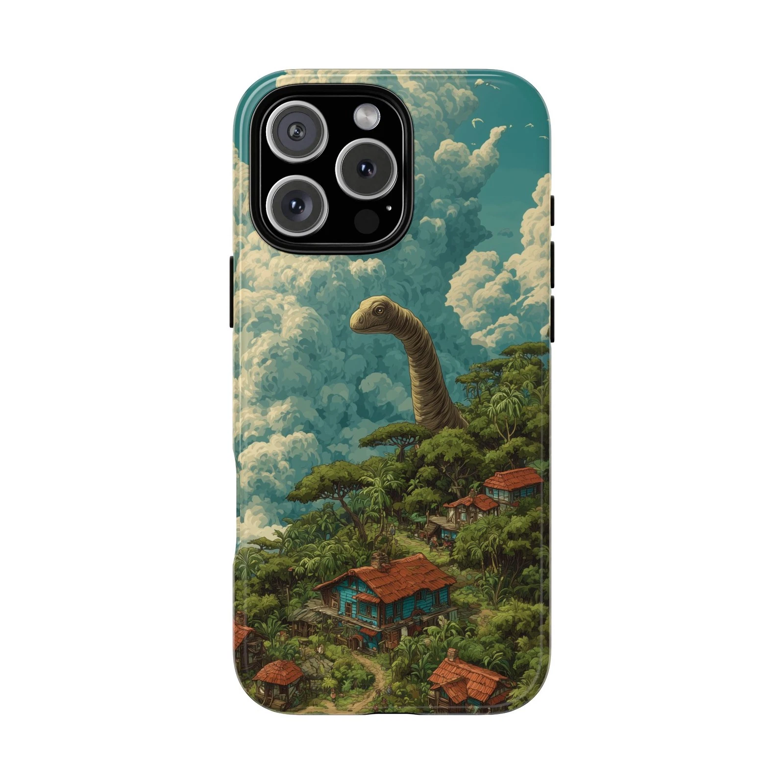 Dinosaur Mountain Village Fantasy Phone Case for iPhone 11 to 17 Models ...