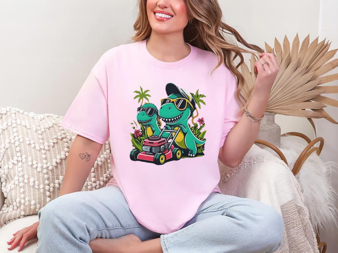 Dinosaur Mower T-shirt with Funny Cartoon Kid and Lawn Humor, for men ...