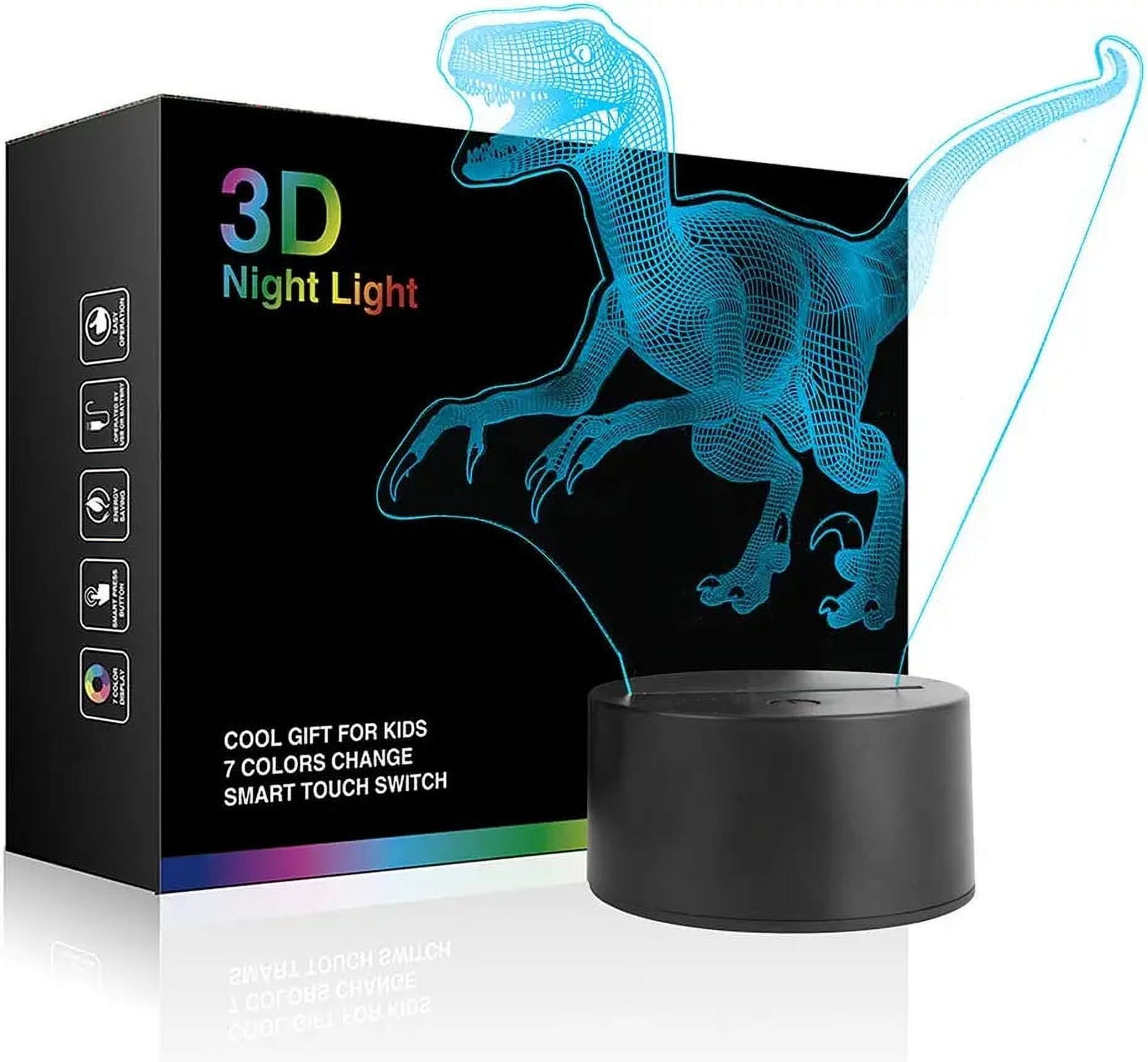 Ticent Dino Night Light - 3D Raptor Desk Lamp, 7 LED, USB, Gifts for Kids, Birthday, Christmas ...