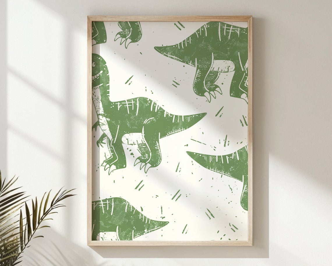 Dinosaur Nursery Wall Art, Playful Green T-Rex Kids Poster, Gender ...
