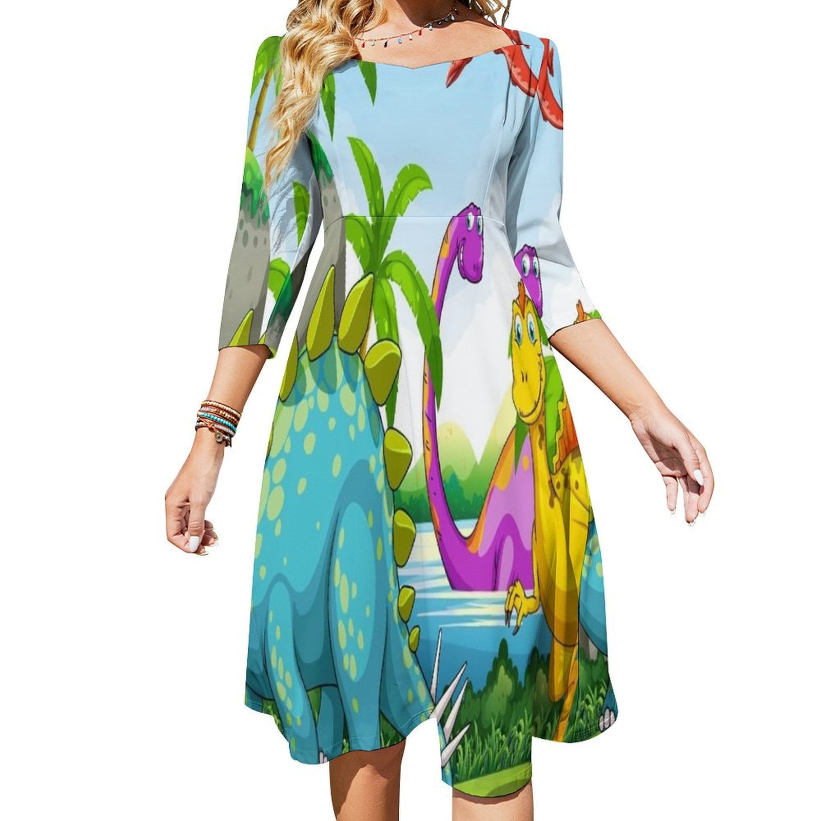 Dinosaur Palm Tree Sweetheart Knot Flared Dress Fashion Design Large ...
