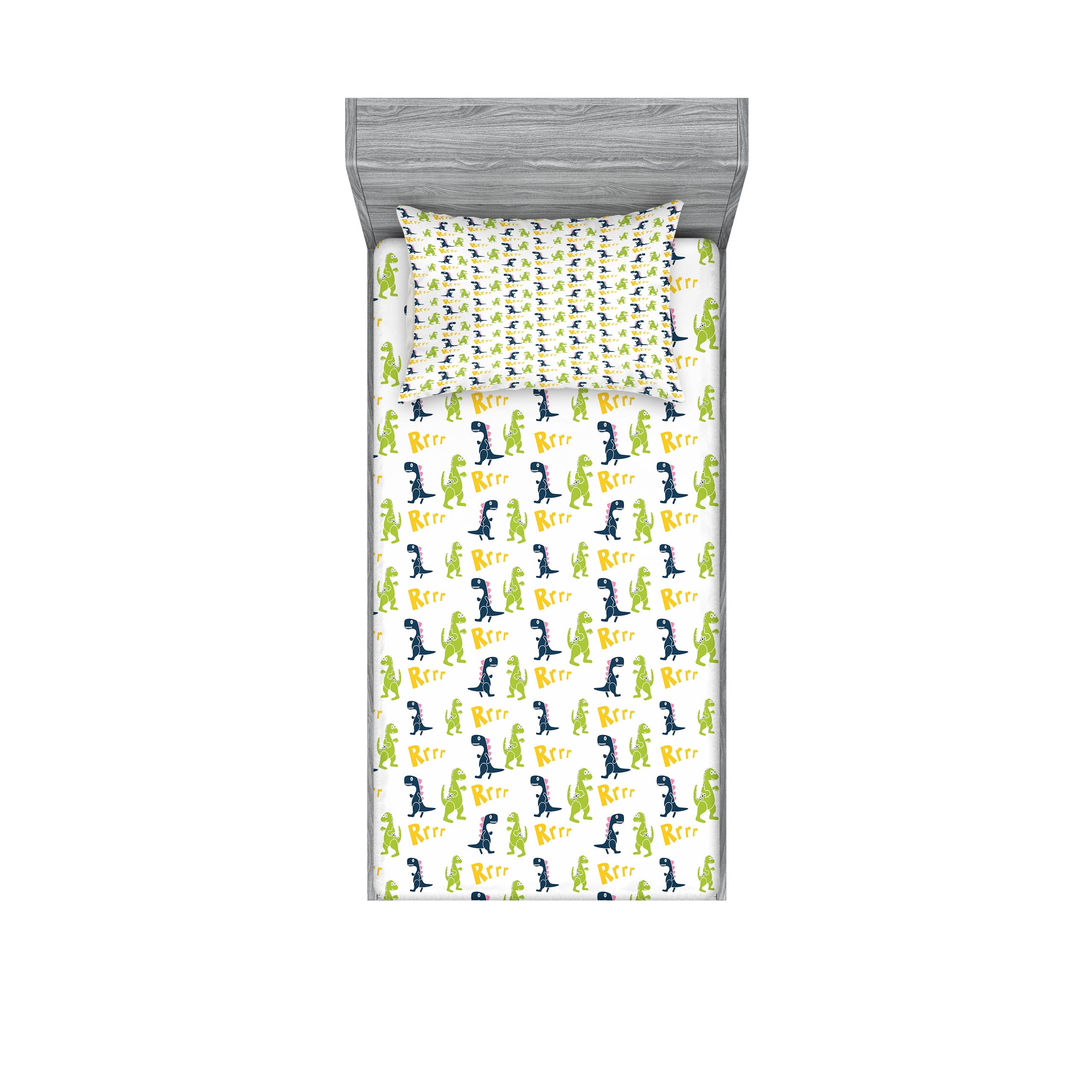 Dinosaur Party Fitted Sheet & Pillow Sham Set, Happy Cartoon Dino ...