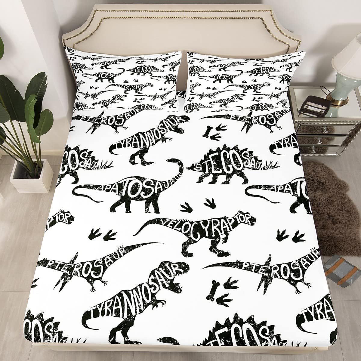 Dinosaur Print Bed Sheet Set Black and White Dino Alphabet Bedding ...