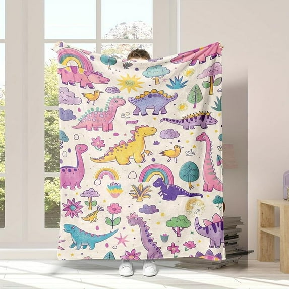 Dinosaur Print Blanket, Cute Flower Rainbow Pink Blue Dinosaurs Flannel ...