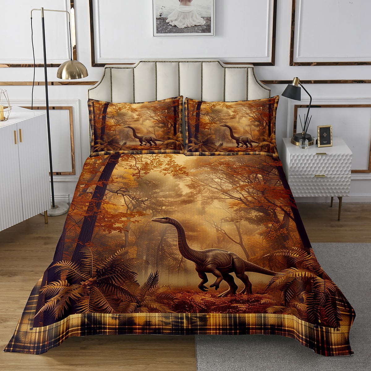 Dinosaur Quilt Set Gothic Dino Bedspread Set Twin,Vintage Jungle Animal ...