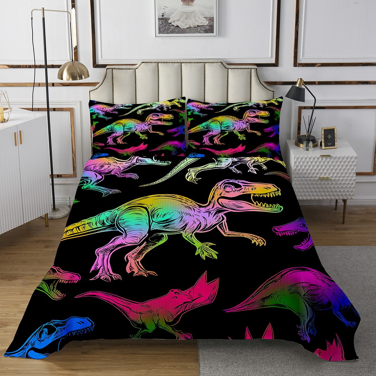 Dinosaur Quilt Set Rainbow Dino Bedspread Set Queen,Jungle Animal ...