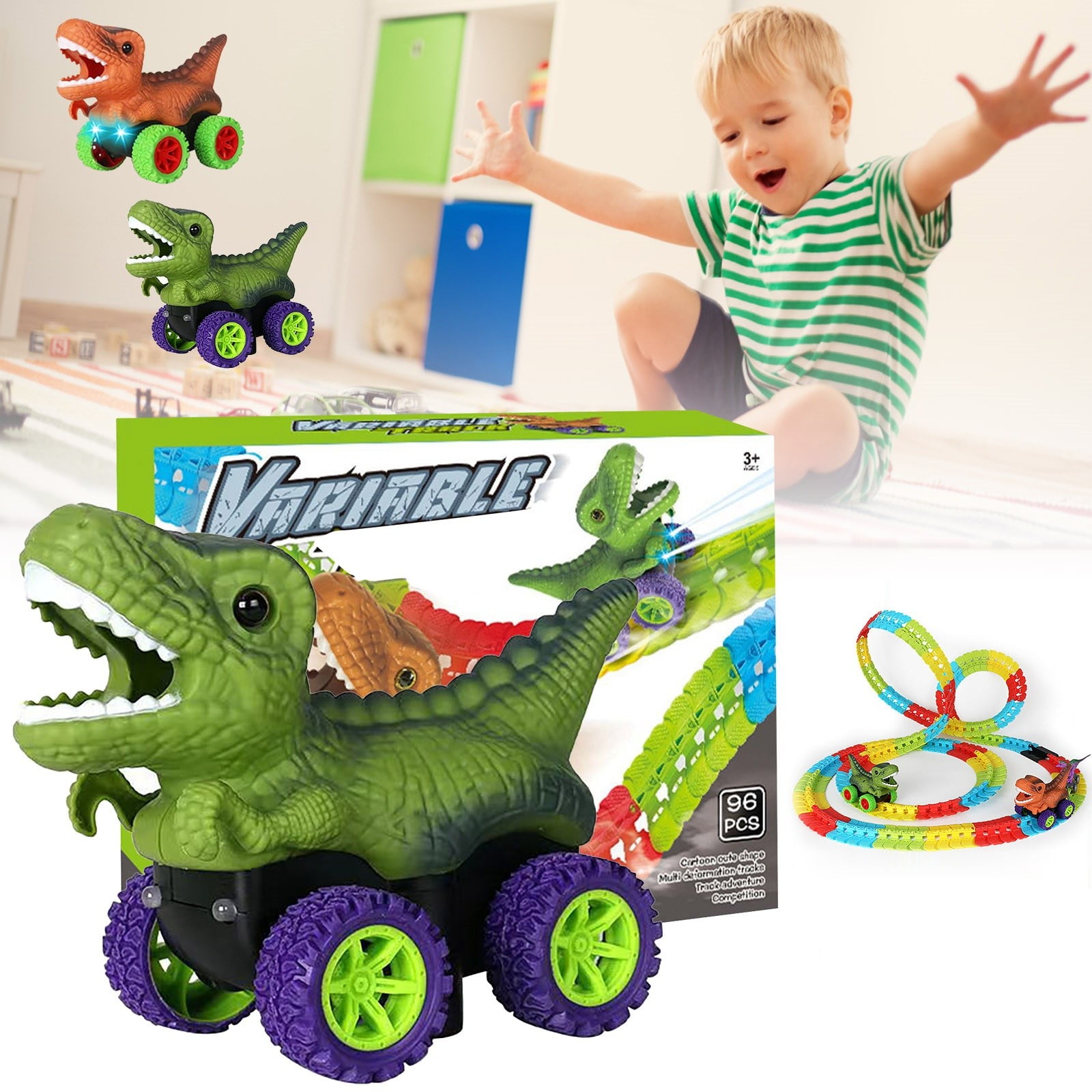 Dinosaur Race Car Track Set with 360° Climbing Loops Lights and Music ...