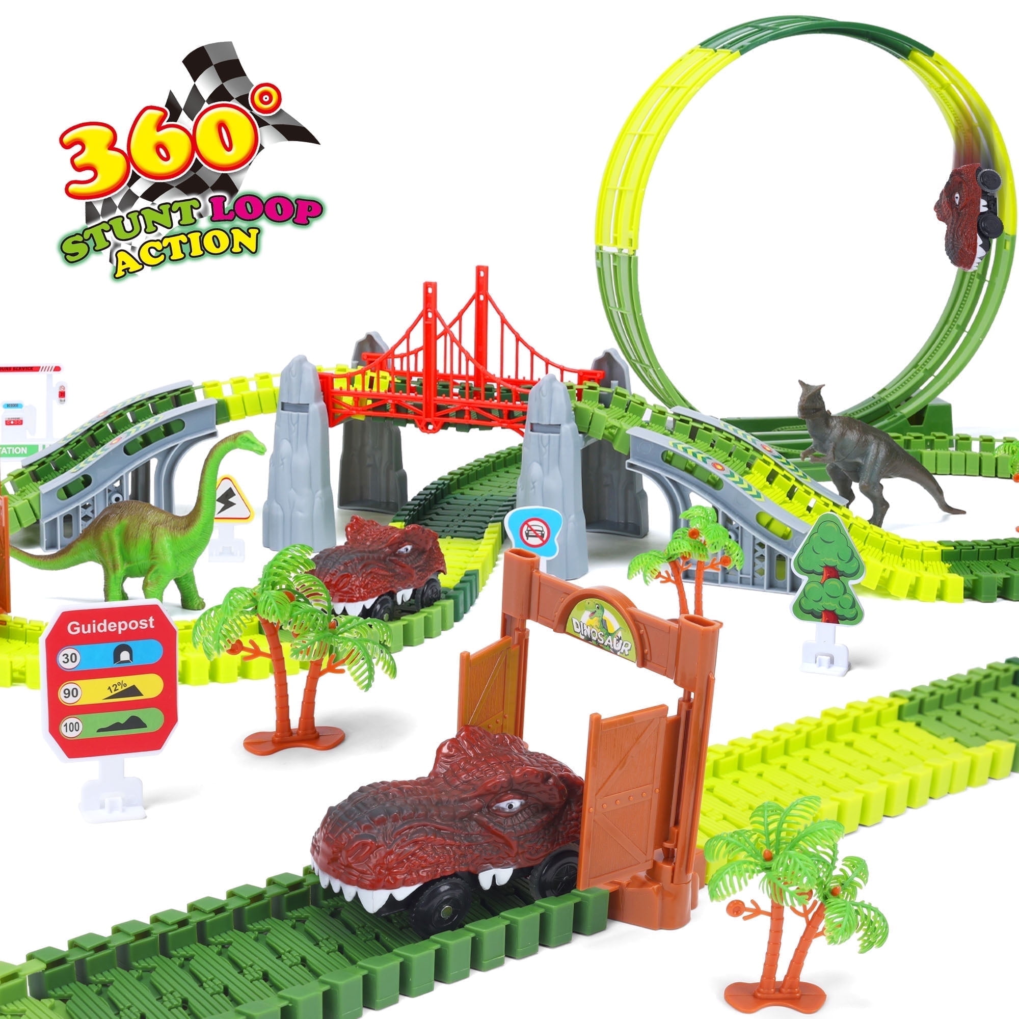 Dinosaur Race Track Set, A Dinosaur World Road Race, with 2 Race Cars ...