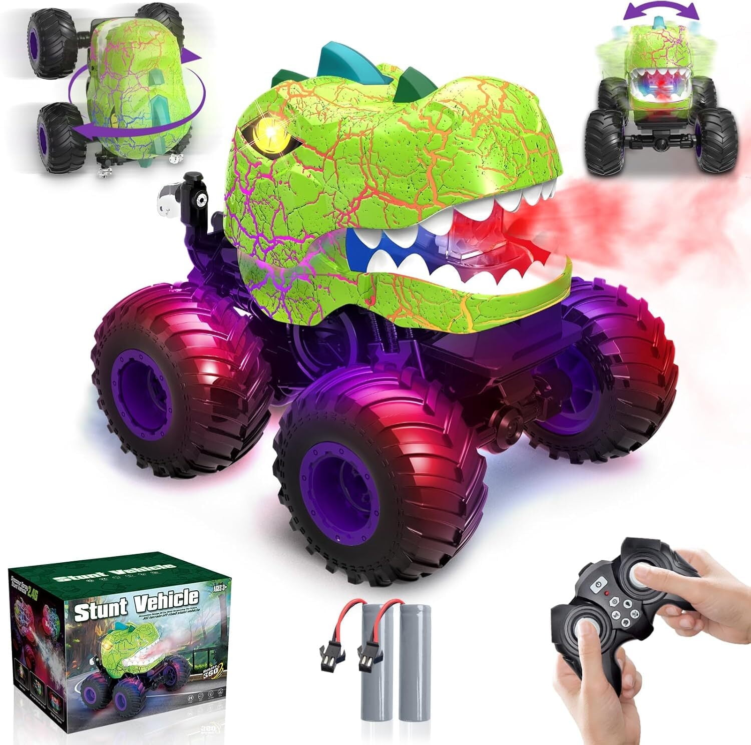 Dinosaur Remote Control Car, 360° Rotating RC Stunt Car Dinosaur Monster Truck Toys with Spray ...