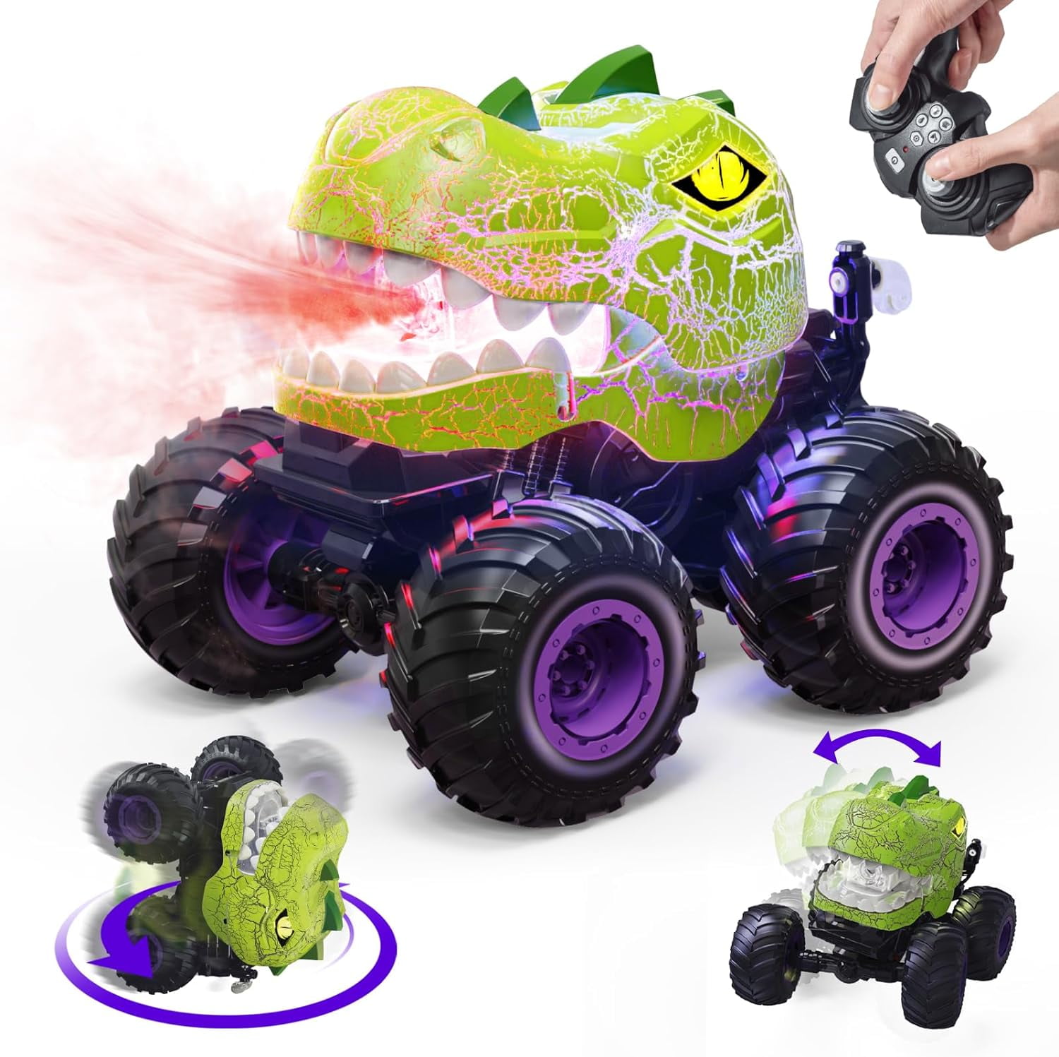 Dinosaur Remote Control Car, 360° Rotating RC Stunt Car Dinosaur Monster Truck Toys with Spray ...