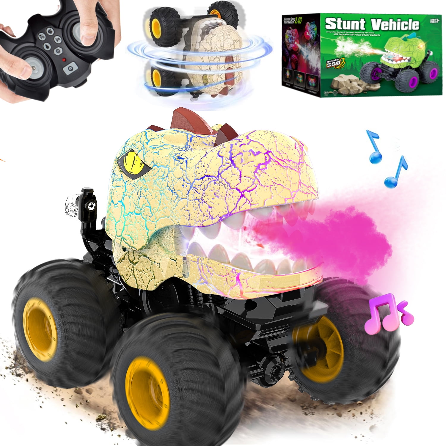 Dinosaur Remote Control Cars,Monster Trucks RC Car for Kids,360° Rotating RC Stunt Car for Boys ...