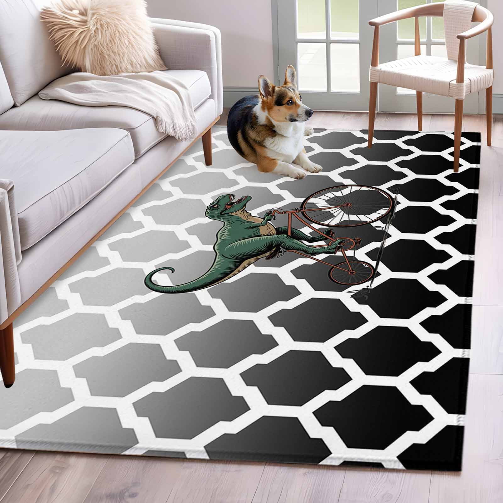 Dinosaur Riding Bike Area Rugs 3x5 ft Vintage Pastoral Grey Gradient ...
