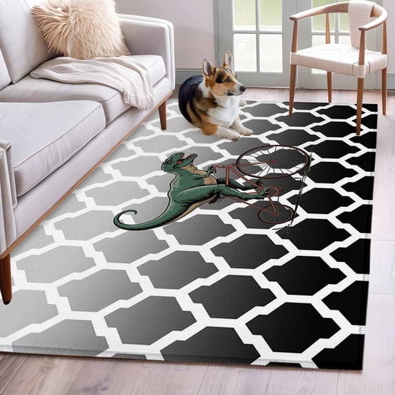 Dinosaur Riding Bike Area Rugs 4x6 ft Vintage Pastoral Grey Gradient Texture Washable Rug Non ...