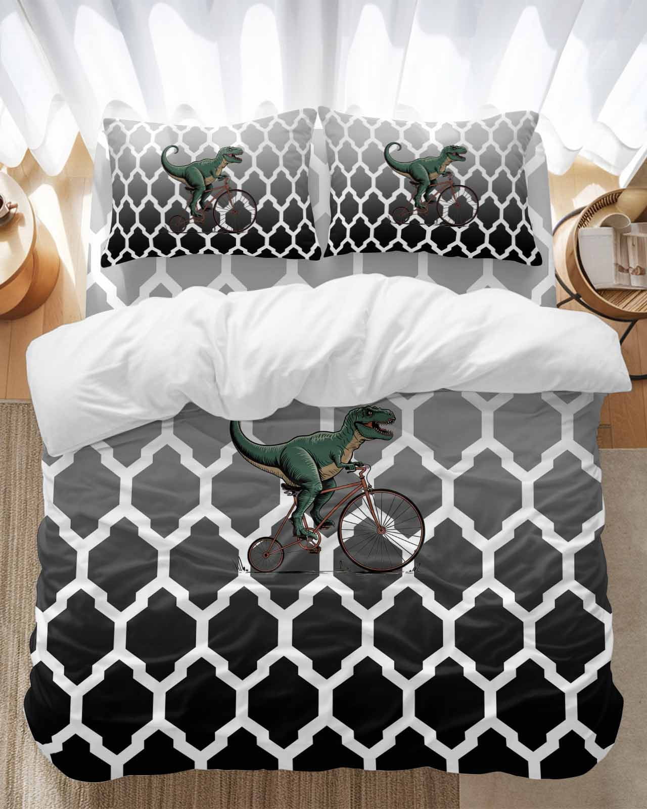 Dinosaur Riding Bike Bedding Duvet Cover Set Full Size 4 Pieces Vintage ...