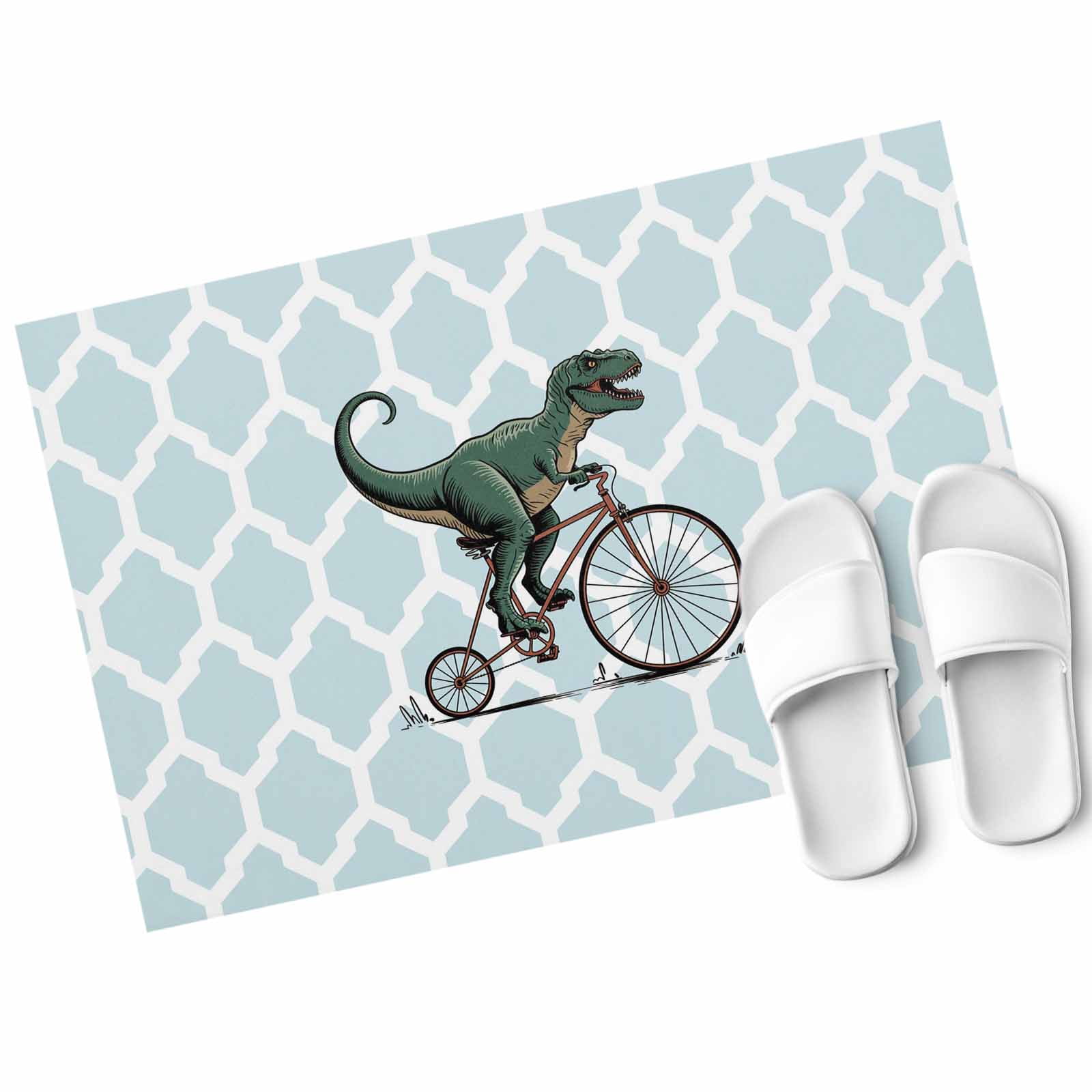 Dinosaur Riding Bike Door Mat Vintage Blue Geometric Texture Non Slip ...