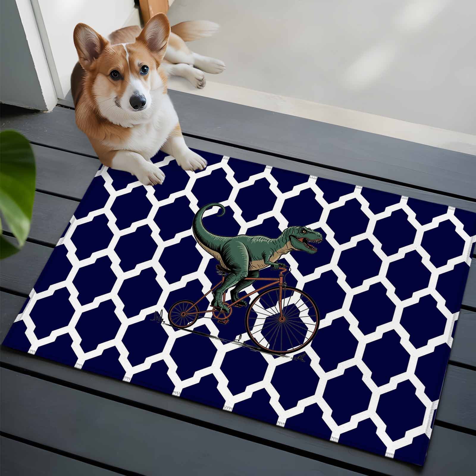 Dinosaur Riding Bike Front Door Rugs 2x3 ft Vintage Pastoral Blue White ...
