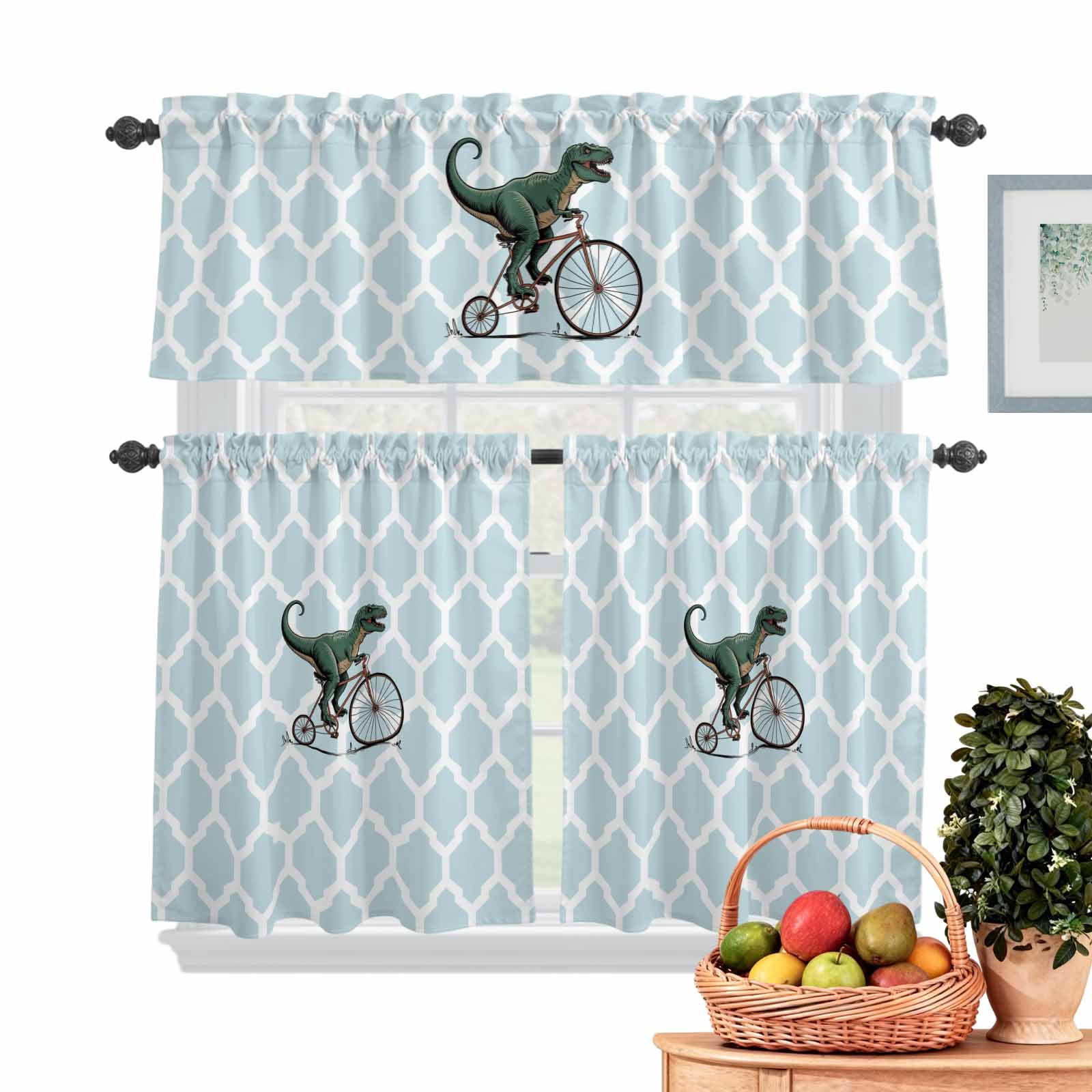 Dinosaur Riding Bike Kitchen Curtains Valances 3 Piece Set, Vintage Blue Geometric Texture Rod ...