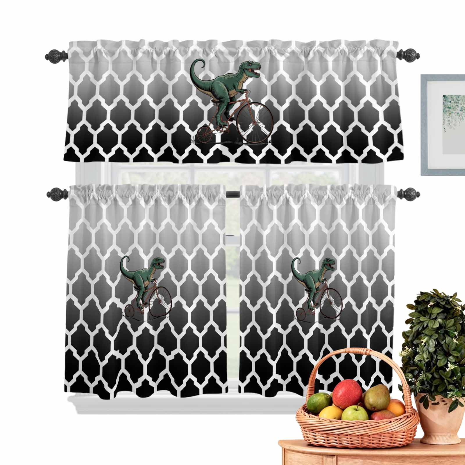 Dinosaur Riding Bike Kitchen Curtains Valances 3 Piece Set, Vintage Pastoral Grey Gradient ...