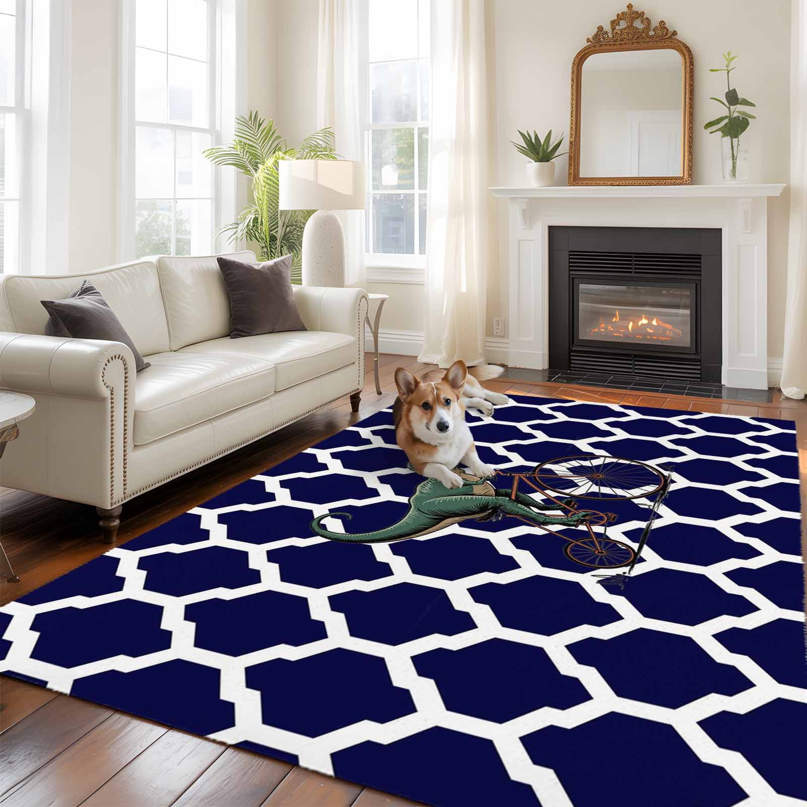 Dinosaur Riding Bike Large Area Rugs 6x9 ft Vintage Pastoral Blue White ...