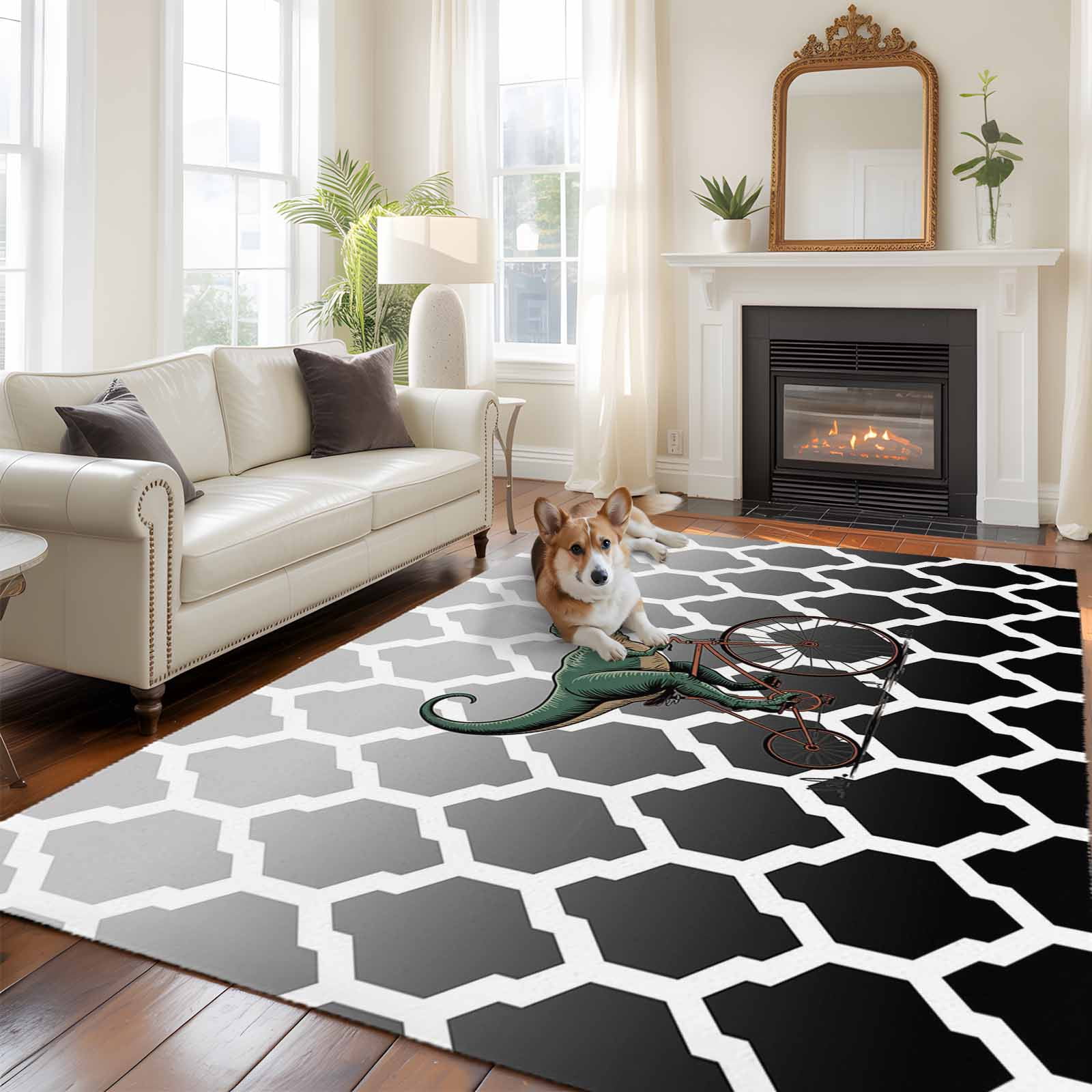 Dinosaur Riding Bike Large Area Rugs 8x10 ft Vintage Pastoral Grey Gradient Texture Washable Rug ...