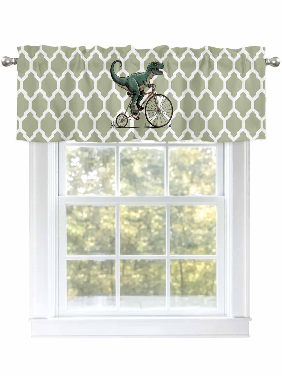 Dinosaur Riding Bike Valances for Windows Vintage Green Geometric ...