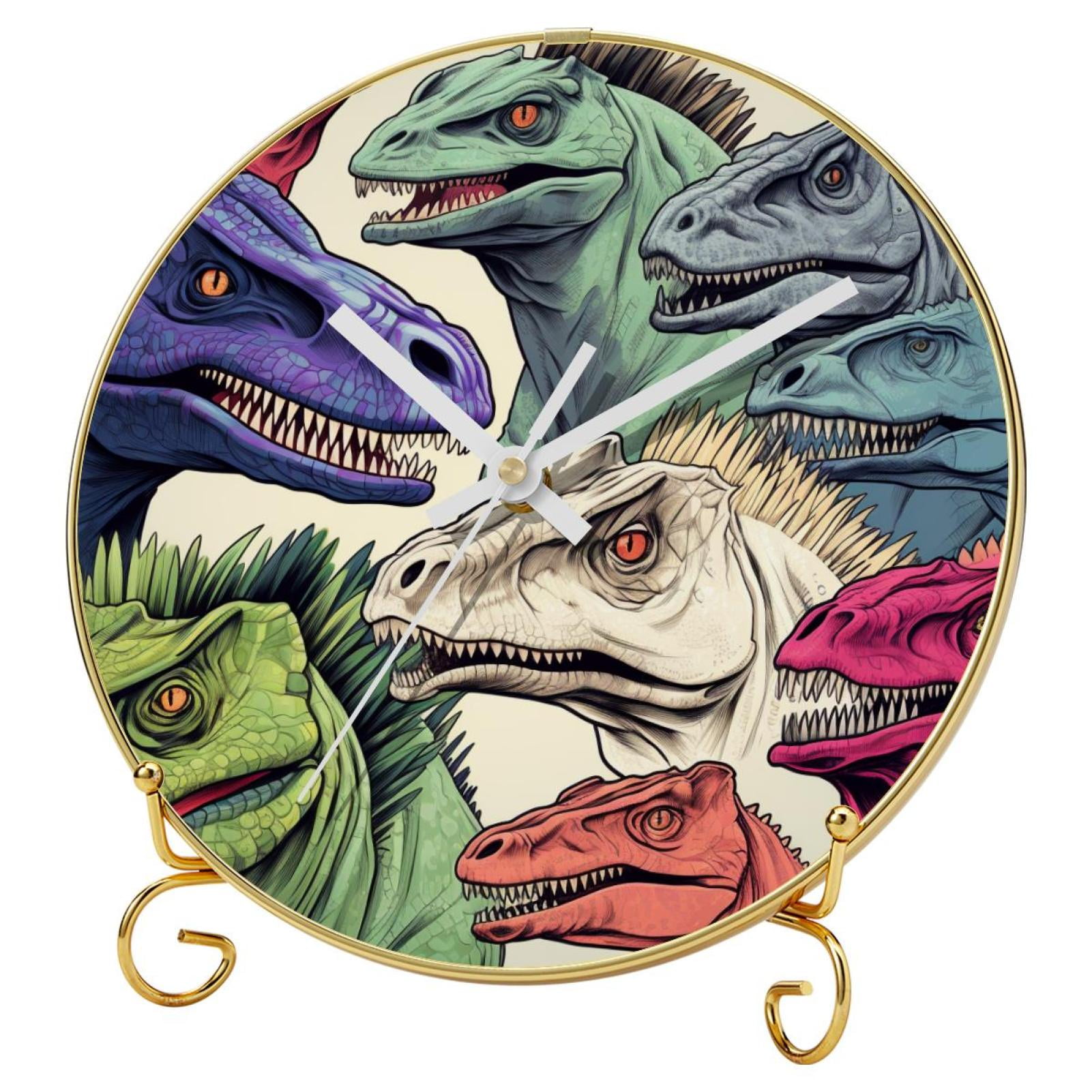 Dinosaur Round Printed Wall Clock with Hooks and Gold Stand, Silent Non ...