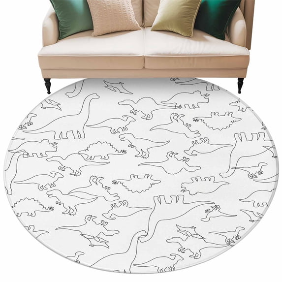 Dinosaur Round Rug 7ft Washable Circle Rugs Non Slip Black and White ...