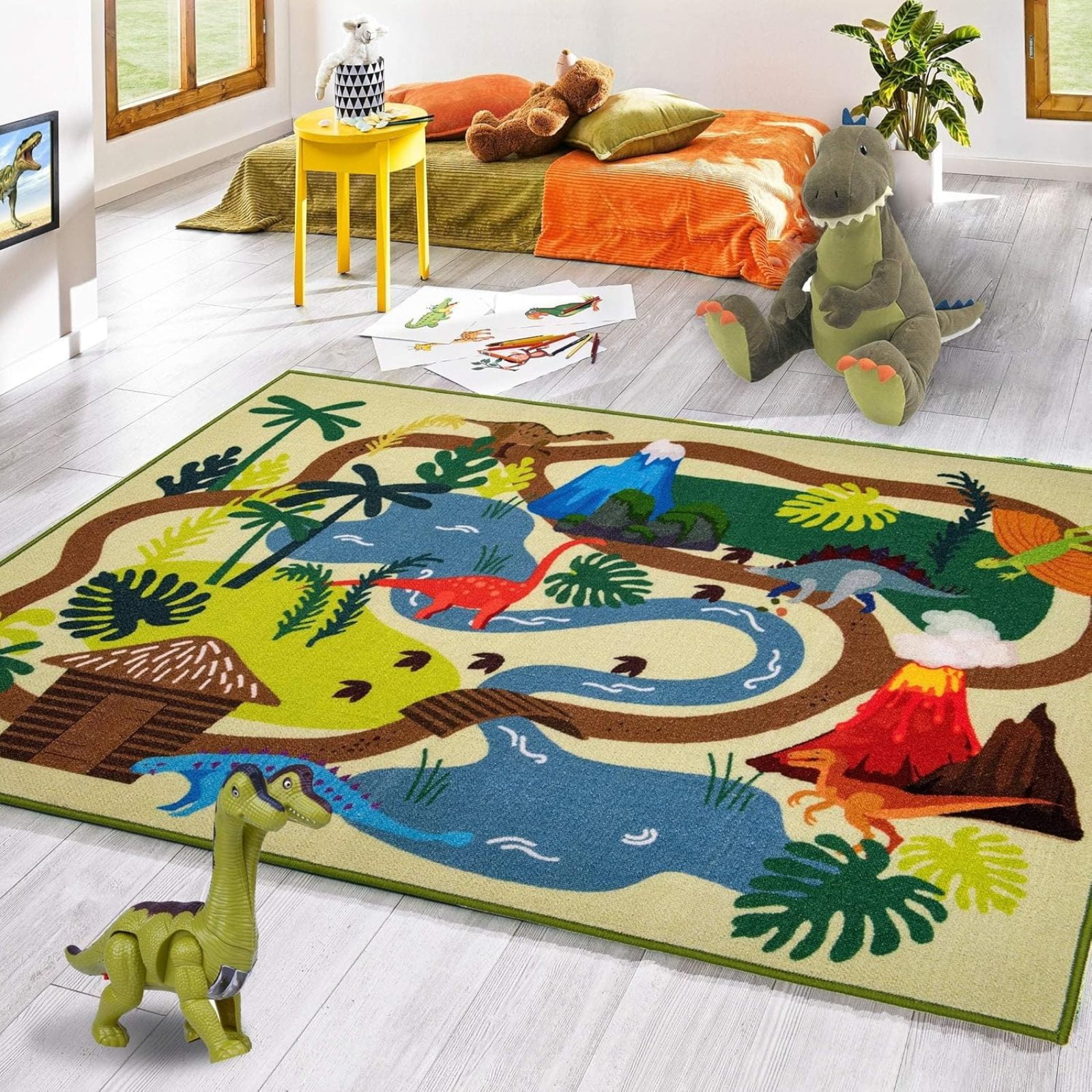 Dinosaur Rug,Prehistoric Adventure Play Rug - With Non-Slip Latex ...