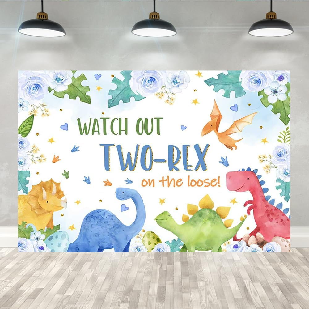 Dinosaur Second Birthday Backdrop Watch Out Two-rex Blue Cartoon Green ...