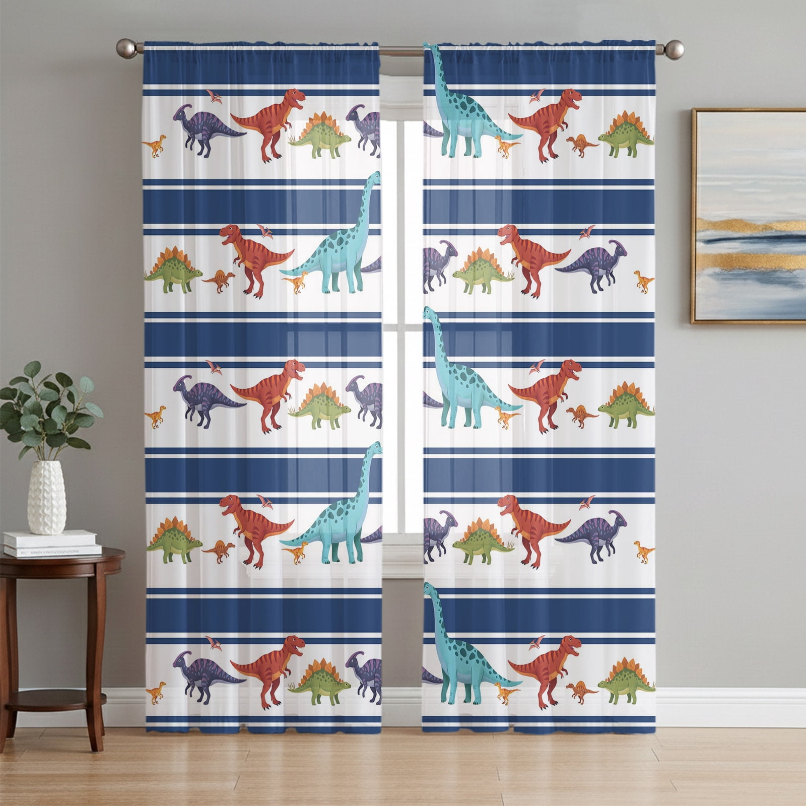 Dinosaur Sheer Curtains for Living Room Bedroom Blue Striped Cartoon ...
