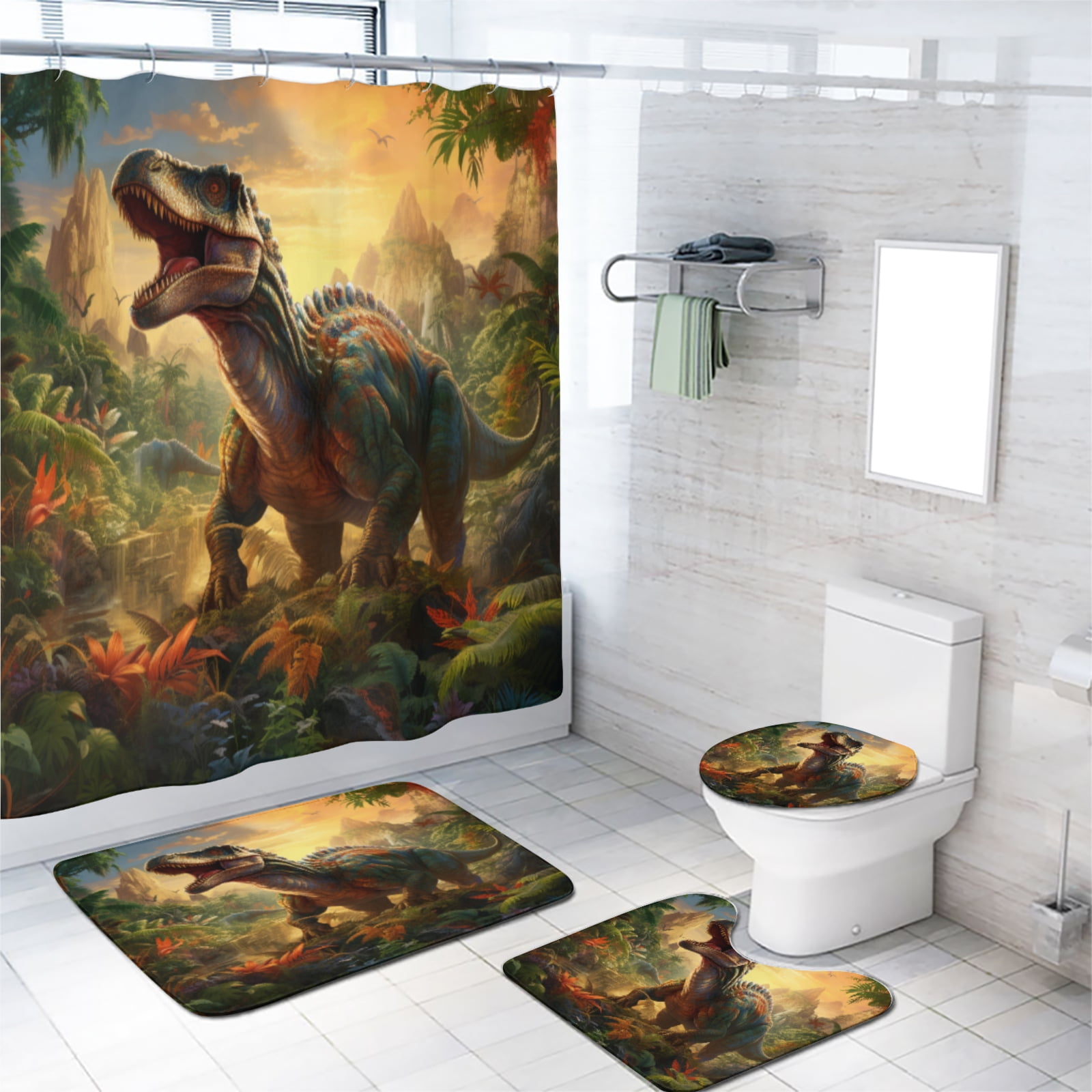 Dinosaur Shower Curtain Sets with Non-Slip Rug Funny Dino Safari Jungle ...