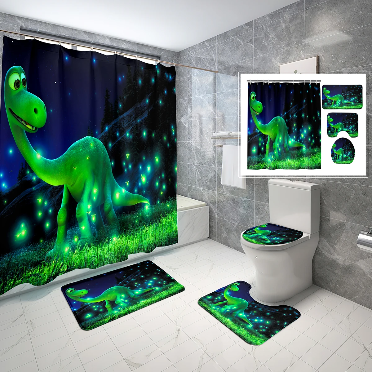 Dinosaur Shower Curtain Sets with Toilet Lid Cover and Bath Mat Jungle ...