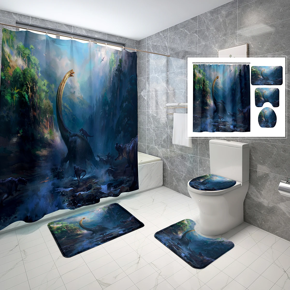 Dinosaur Shower Curtain Sets with Toilet Lid Cover and Bath Mat Jungle ...