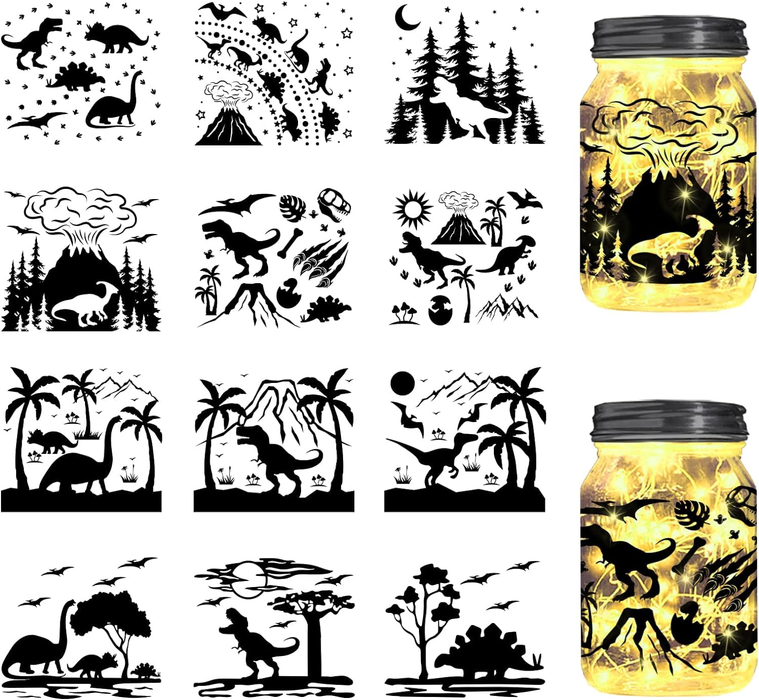 Dinosaur Silhouette Jar Cutouts Window Cutout Paper Forest Volcano ...