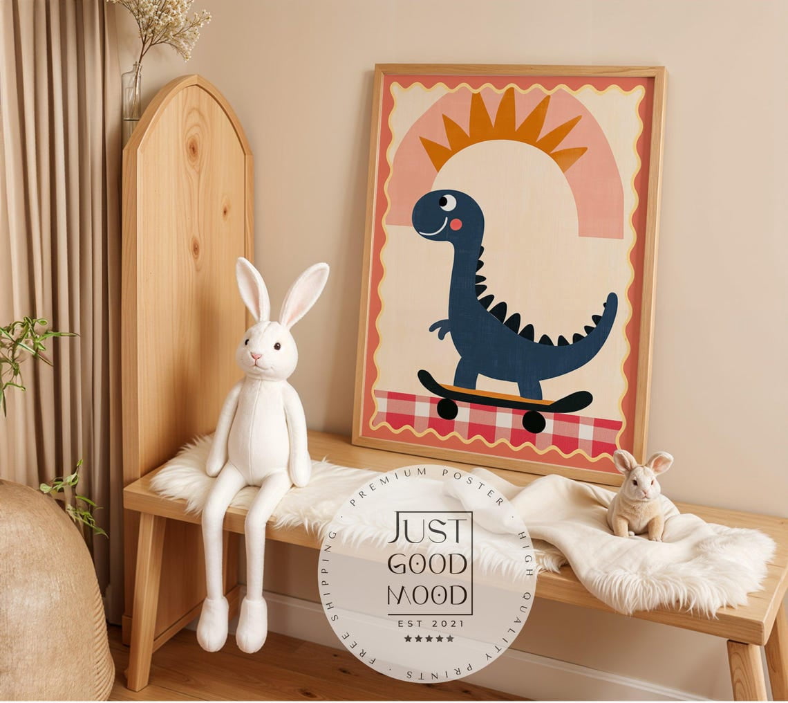 Dinosaur Skateboard Poster, Childrens Room Wall Art, Unframed Paper ...