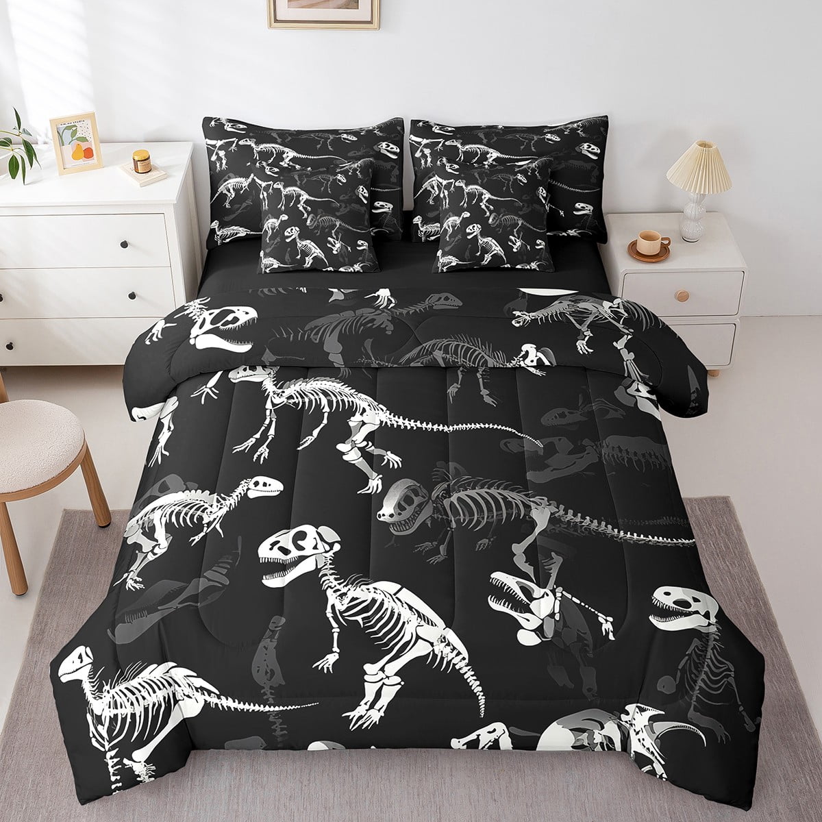 Dinosaur Skeleton Bed in a Bag Queen Comforter Set 7 Piece,Gothic Dino ...