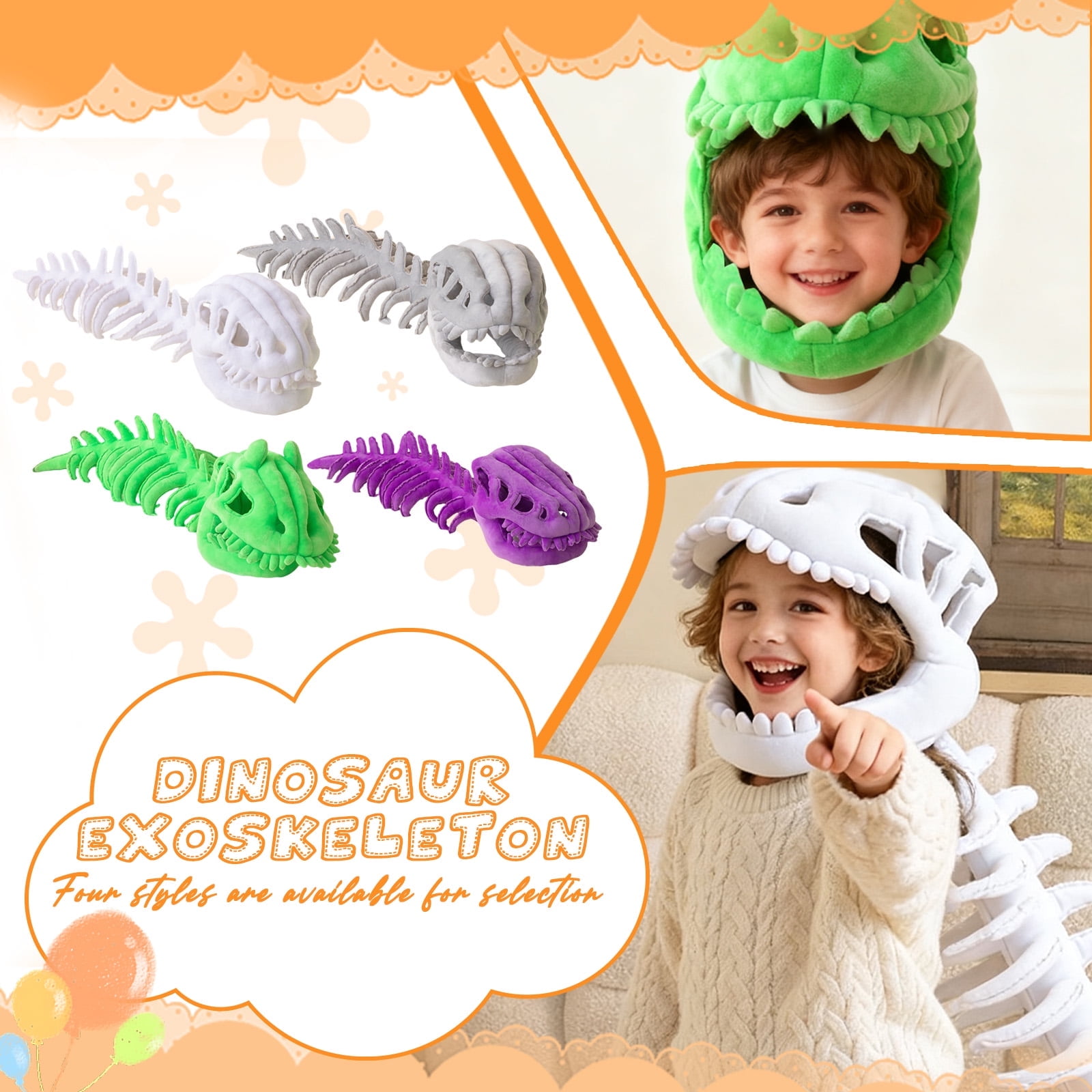 Dinosaur Skeleton Plush Prop – 3D Realistic Wearable Headpiece & Spine ...