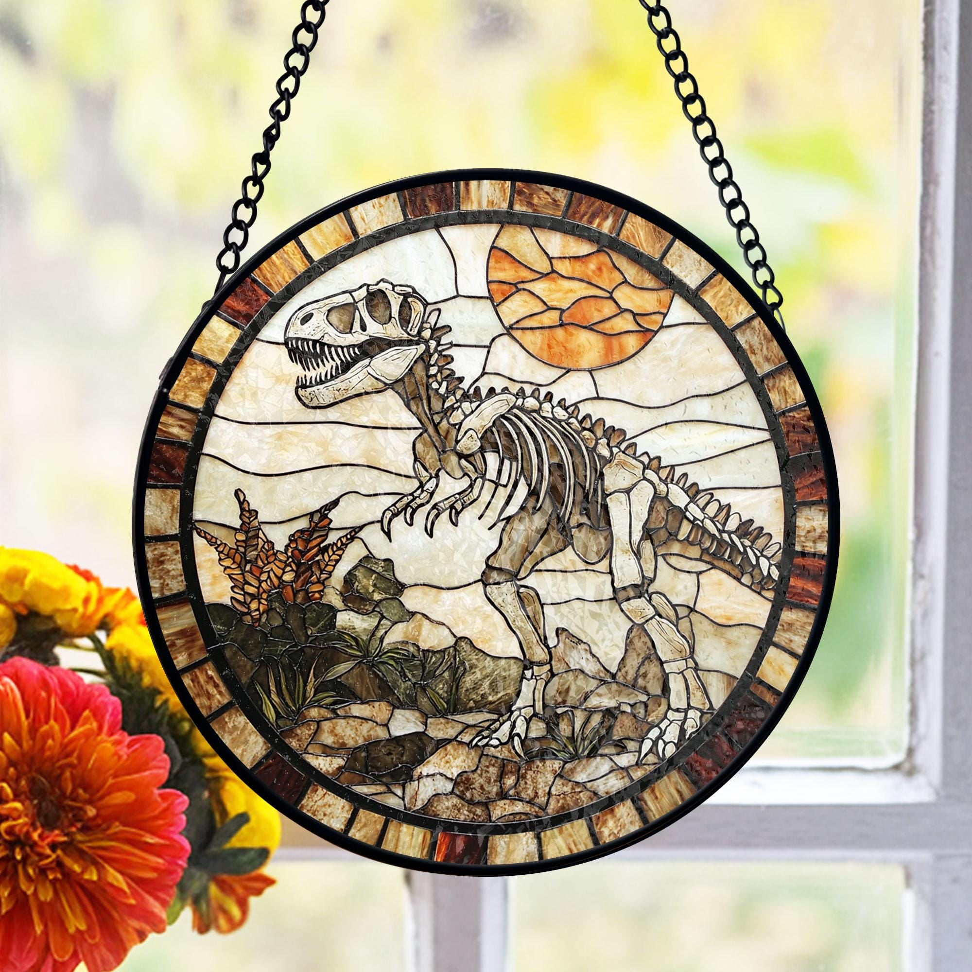 Dinosaur Skeleton Stained Glass Suncatcher, Prehistoric Window Decor, Fossil Theme Stained Glass ...
