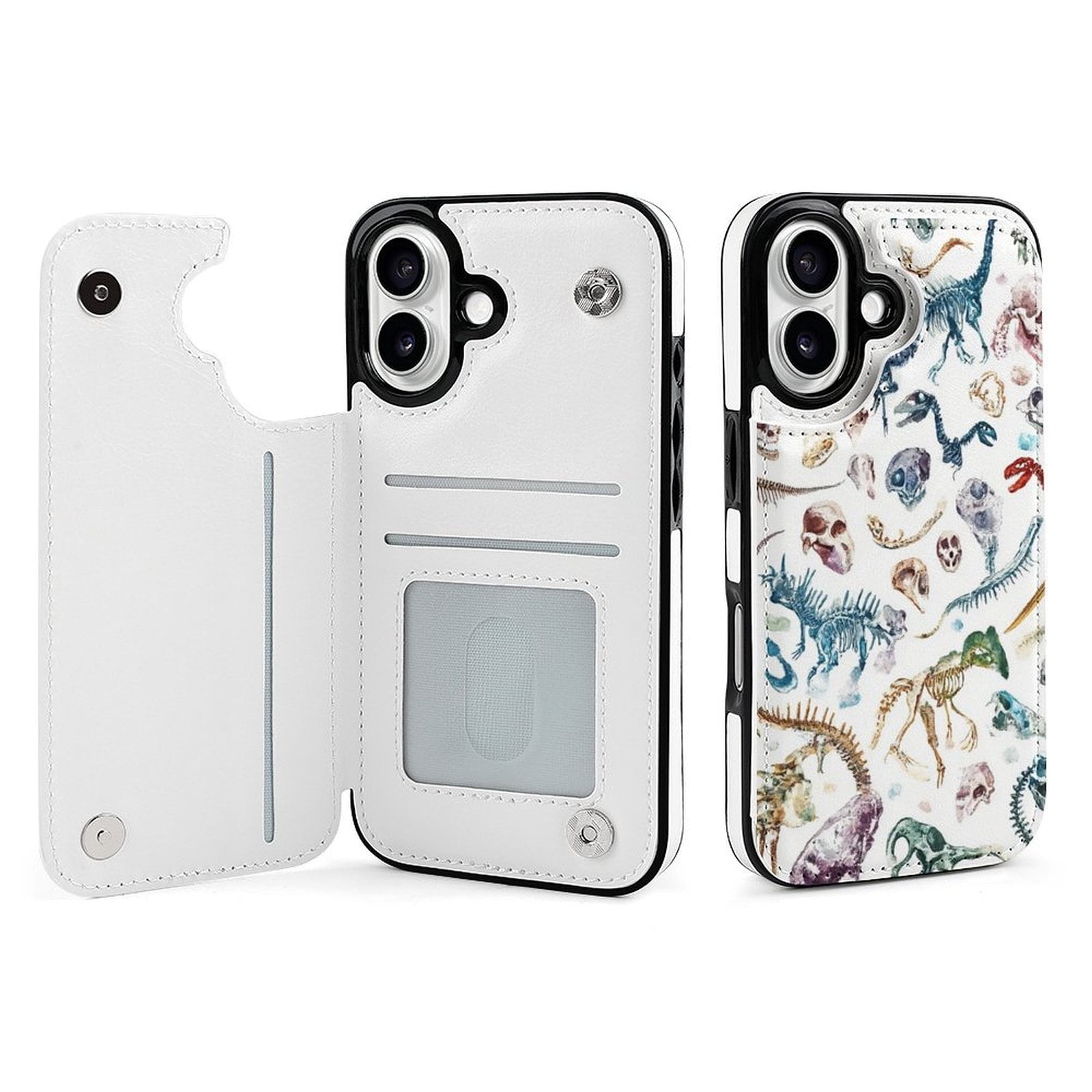 Dinosaur Skeletons Print Leather Wallet Case for iPhone 15 14 13 12 11 Pro Max Wallet Case Card ...