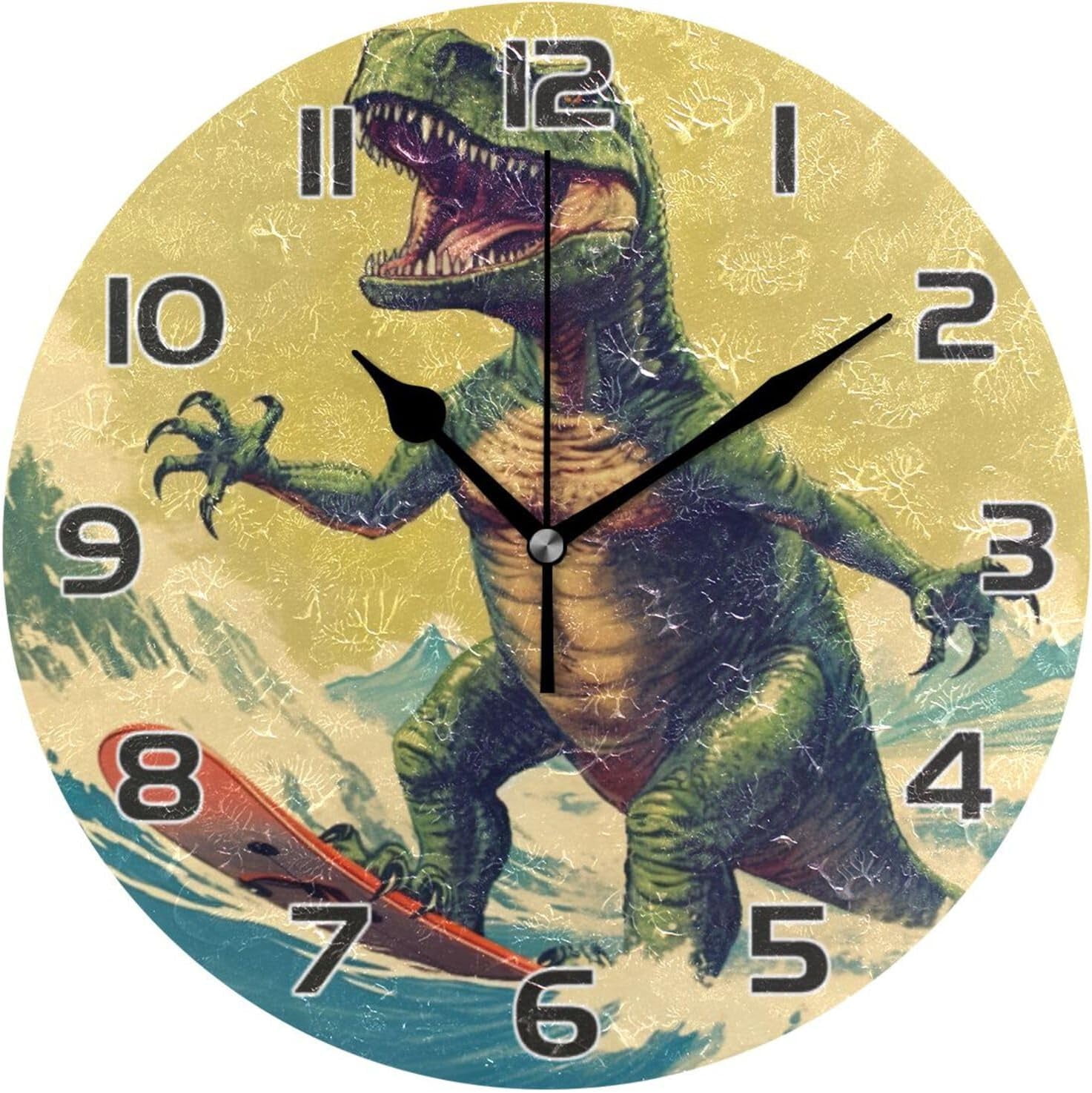 Dinosaur Surfing Wall Clock Round Vintage Silent Non Ticking Battery ...