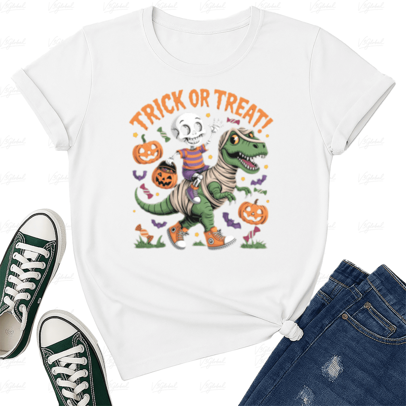 Dinosaur T-Rex Skeleton Riding Mummy Halloween Kids Unisex T-Shirt, for ...