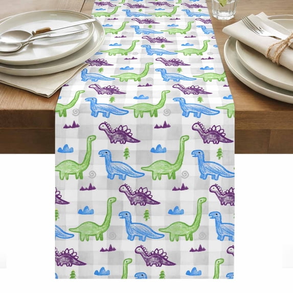Dinosaur Table Runner, Cartoon Green Blue Purple Animal Small Mountain ...