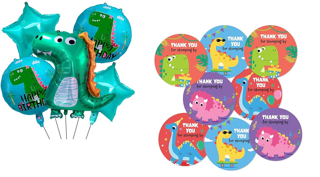 (Dinosaur Theme Combo Set ) Dinosaur Birthday Balloons (Pack Of 5) & Dinosaur Theme Thank You ...