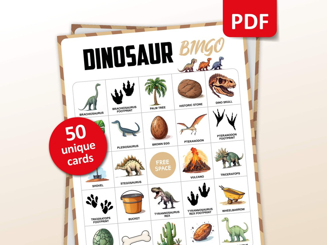 Dinosaur-Themed Bingo Cards Set for Adults, Fun Prehistoric Celebration ...