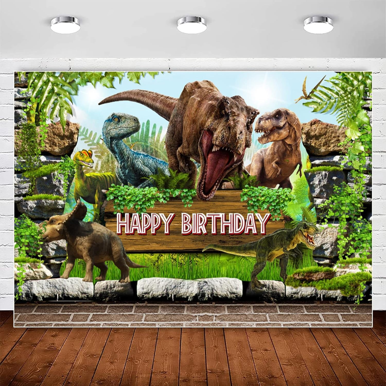 Dinosaur Themed Birthday Backdrop Banner Jungle Forest 3D Dinosaur ...