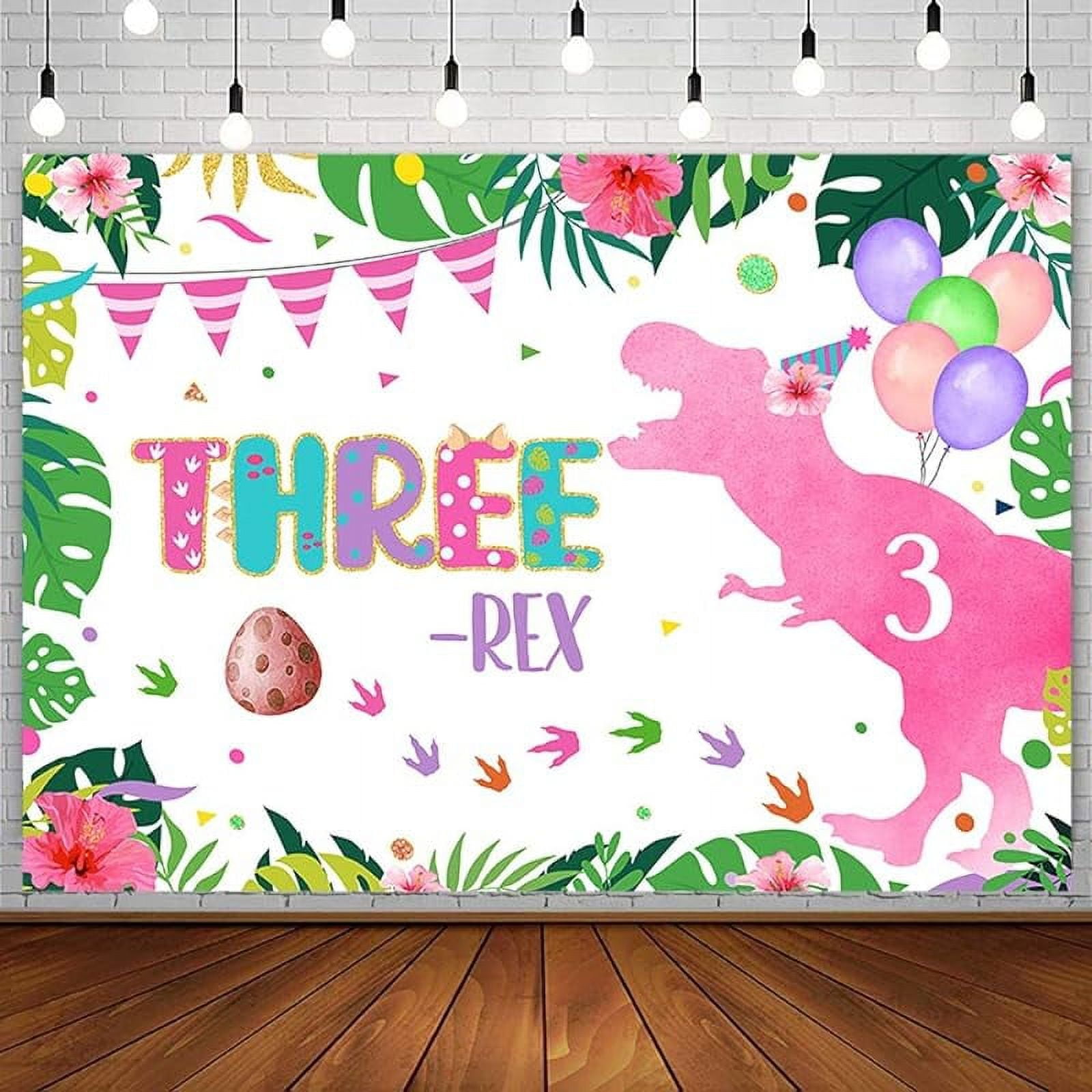 Dinosaur Three-rex Birthday Backdrop for Girl Happy 3rd Birthday ...