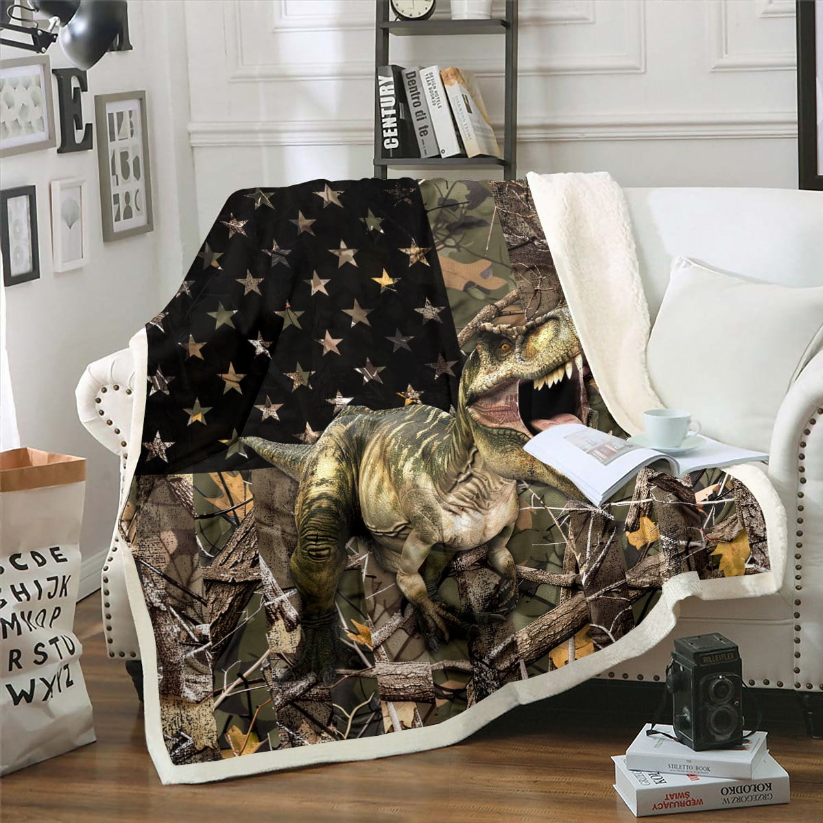 Dinosaur Throw Blanket Retro Jungle American Flag Fleece Blanket 3D ...
