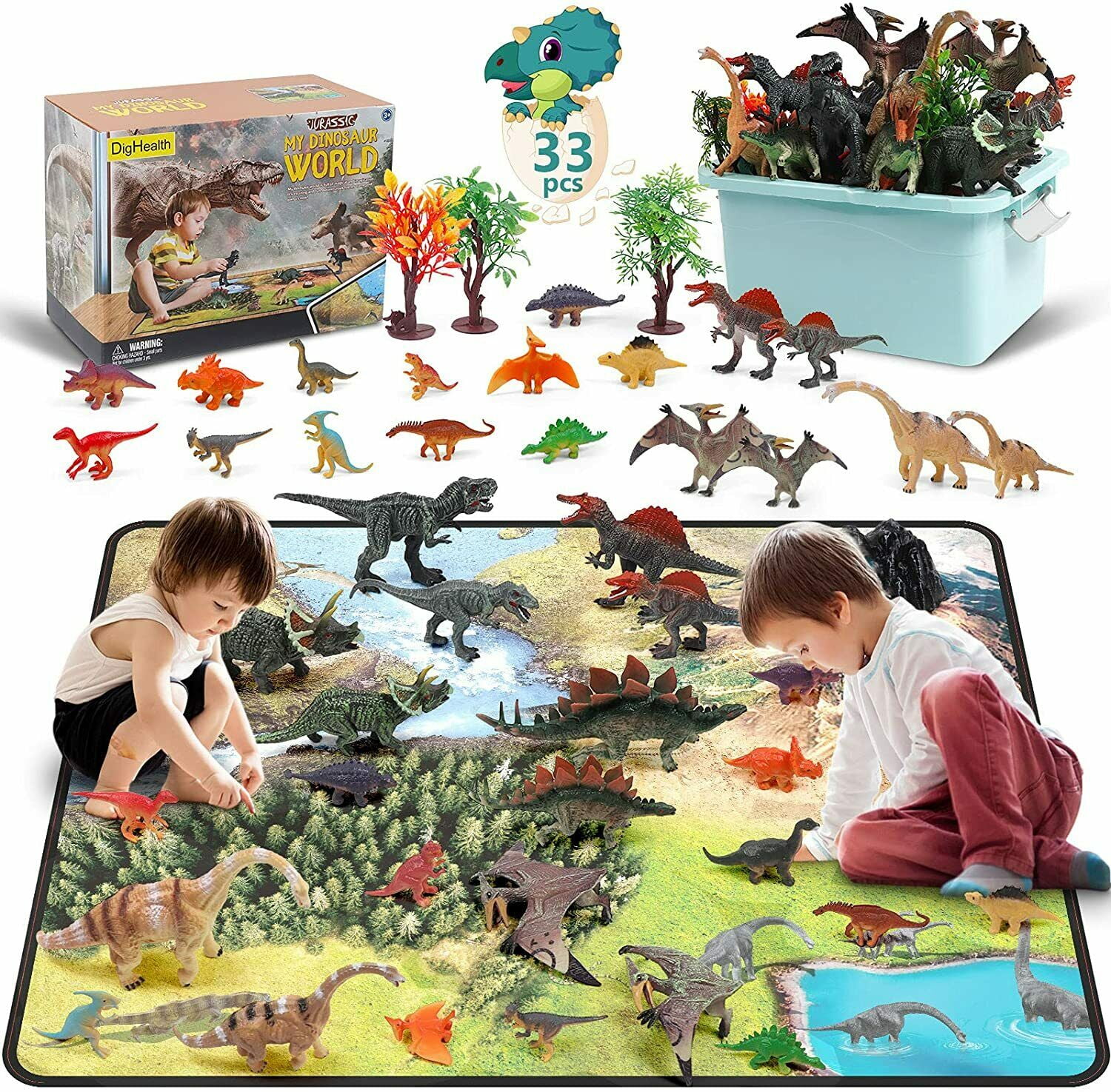 Dinosaur Toy Playset with Activity Play Mat, Realistic Dinosaur Figures ...